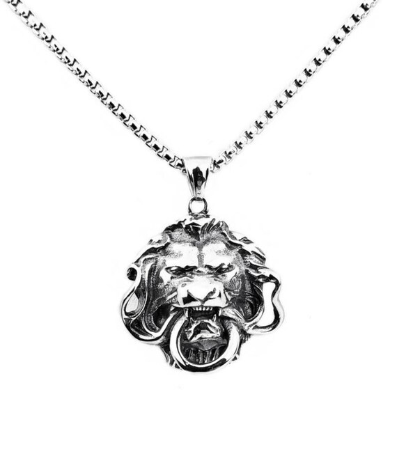Men s regal Lion Necklace Men s Silver Stainless Steel Lion Pendant Necklace Men s Silver Stainless Steel Box Chain Necklace Etsy