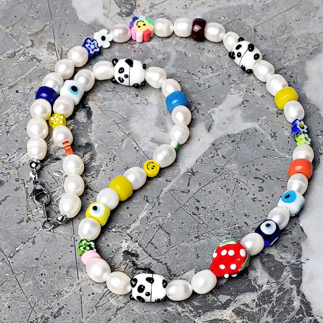 Men's "panda & BAROQUE Pearls" Necklace| Men's Multicolored Millefiori ...