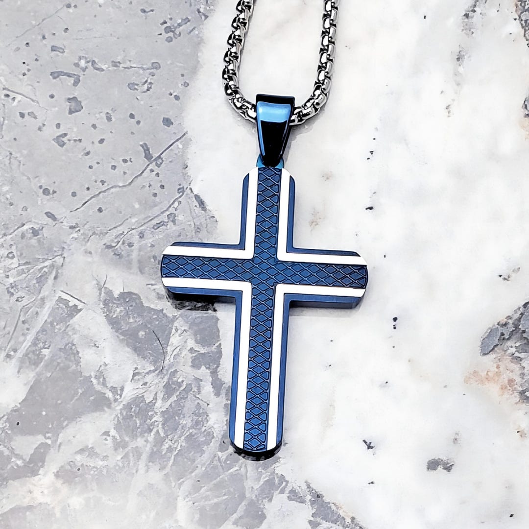 Men's BLUE SILVER CROSS Necklace | Men's Silver & Matte Blue Stainless ...