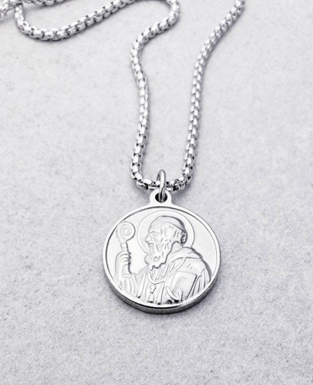 Men's SAINT BENEDICT COIN Necklace | Mens Silver Stainless Steel Saint ...