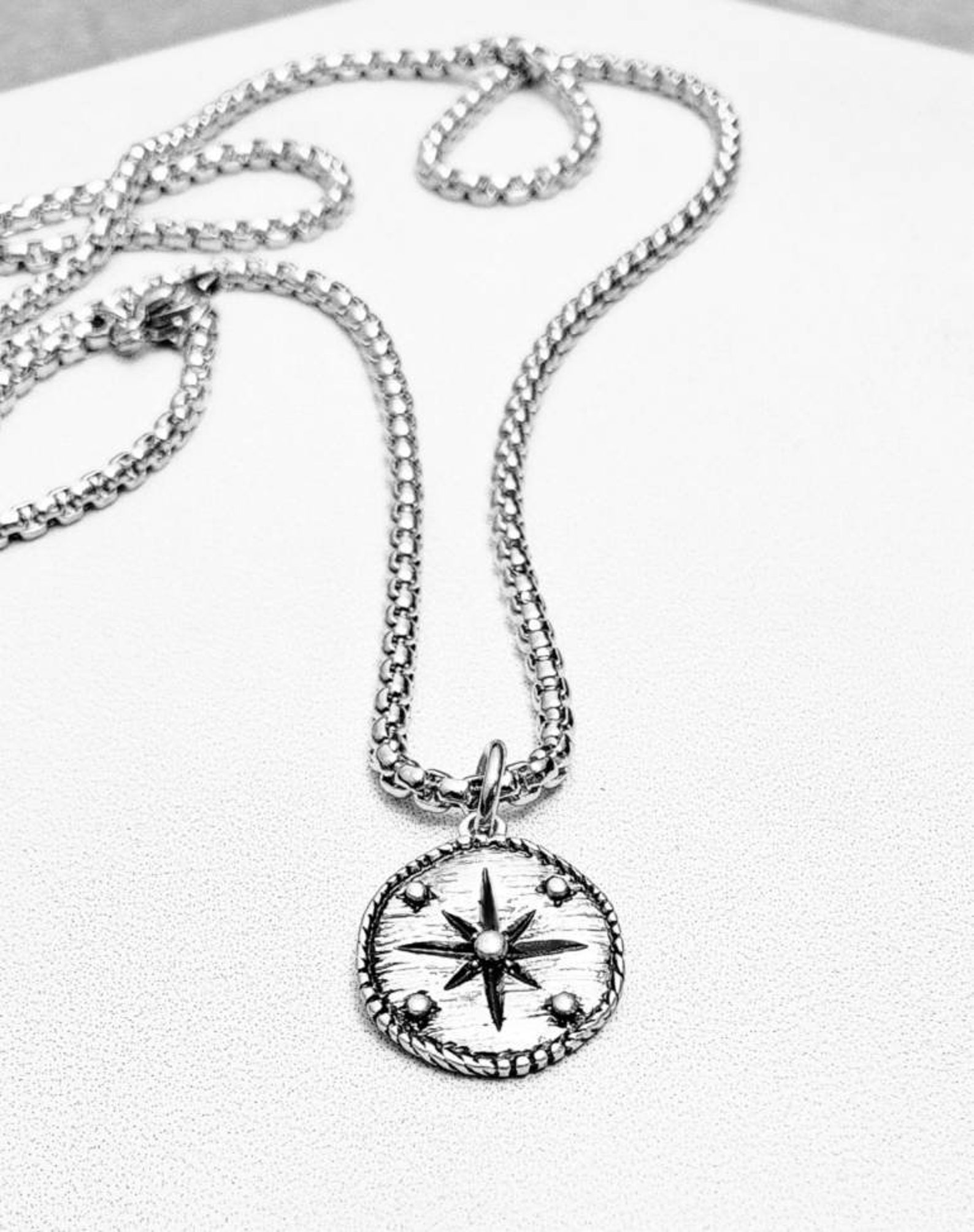 Men's NORTH STAR COIN Necklace | Men's Matte Silver Stainless Steel ...