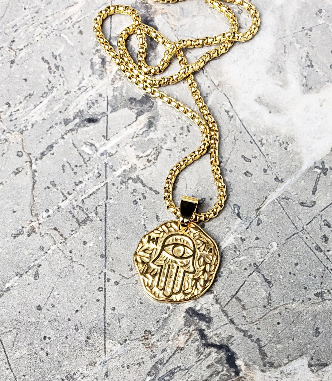 Men's rustic HAMSA Coin Necklace Men's Gold Stainless Steel Rustic ...