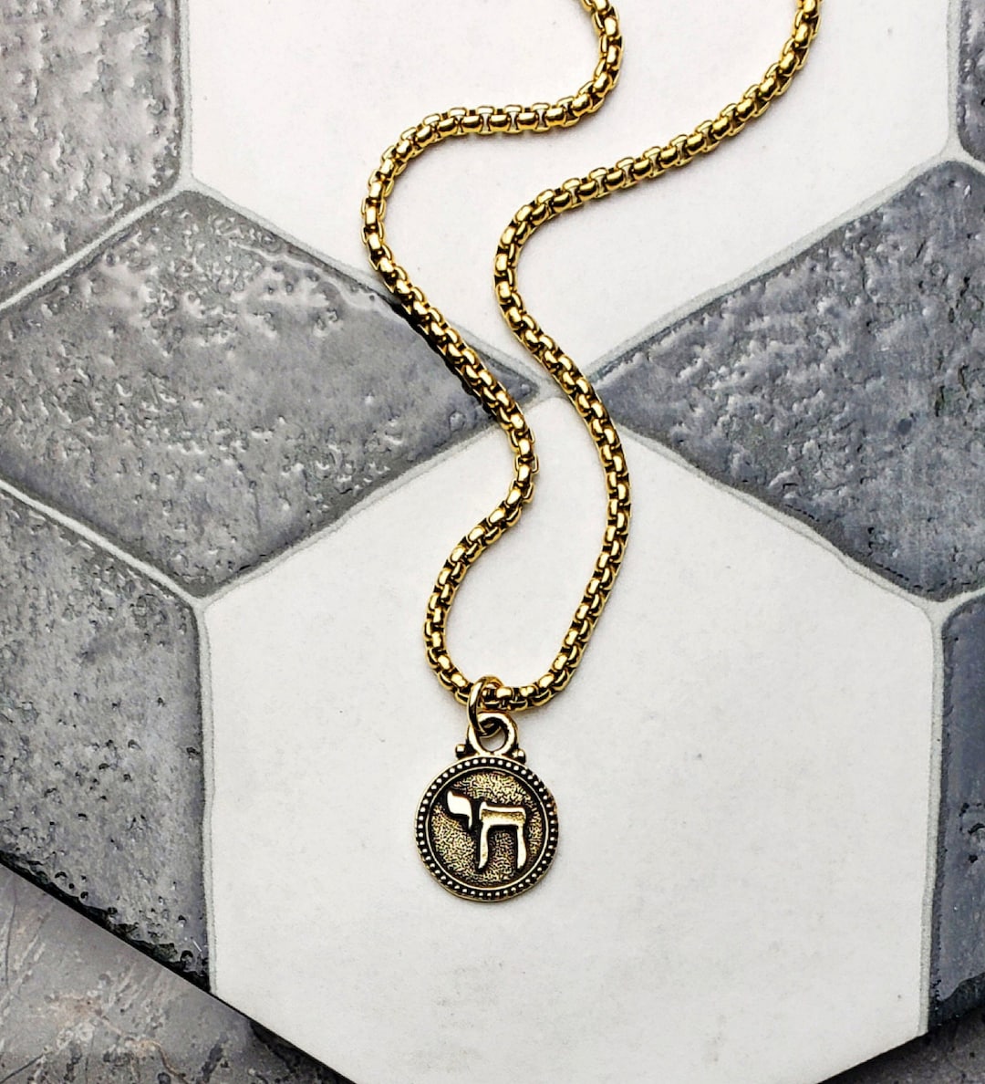 Men's gold CHAI Coin Necklace Men's Gold Stainless Steel Chai Coin ...