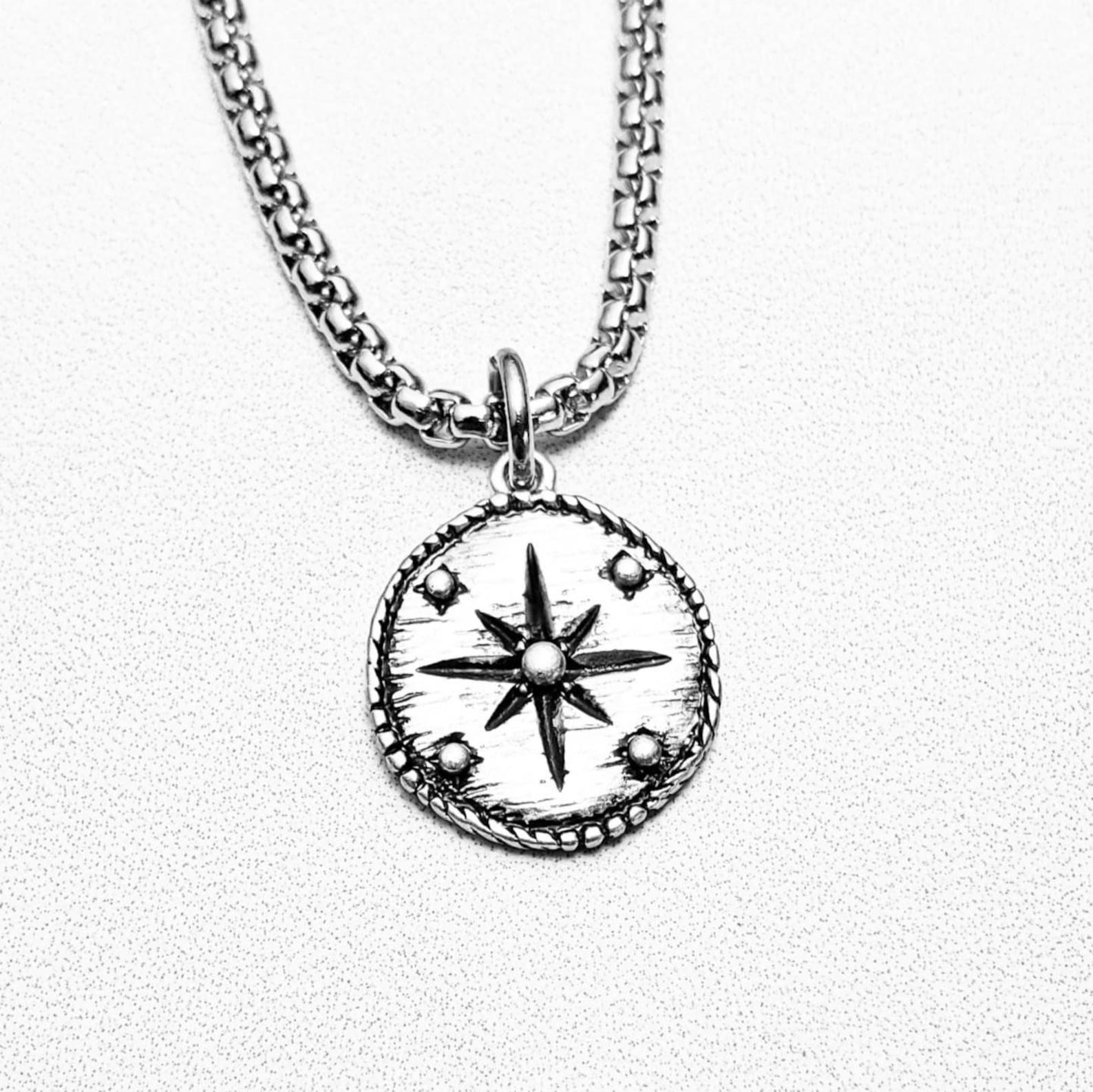 Men's NORTH STAR COIN Necklace | Men's Matte Silver Stainless Steel ...