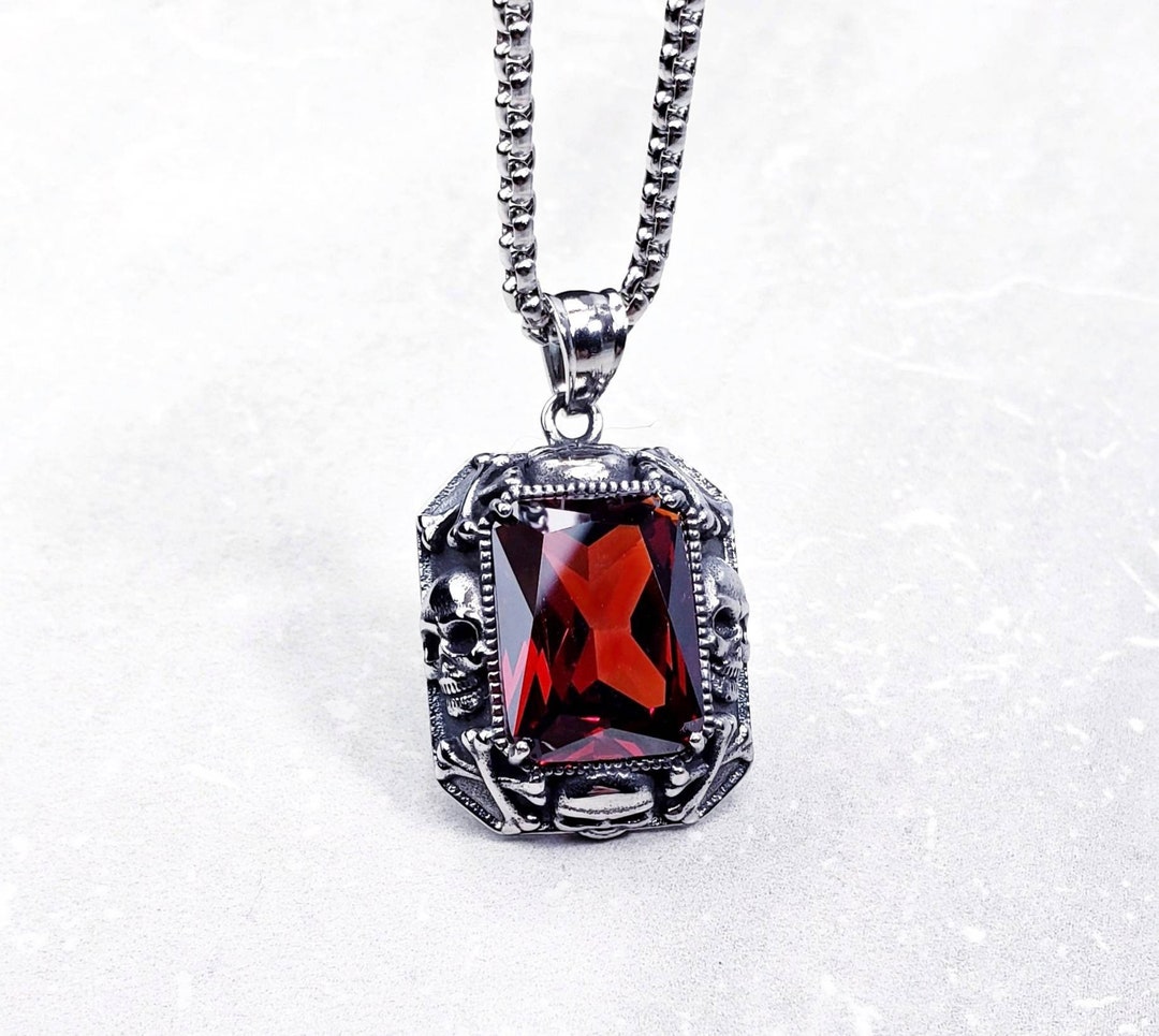 Men's GARNET SKULL TAG Necklace | Men's Garnet Gemstone Silver ...