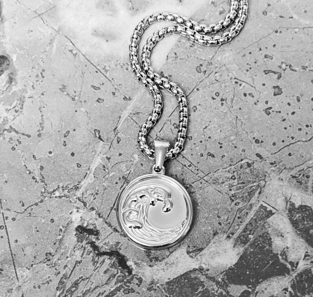 Men's silver WAVE Coin Necklace Men's Silver Stainless Steel Wave Coin ...