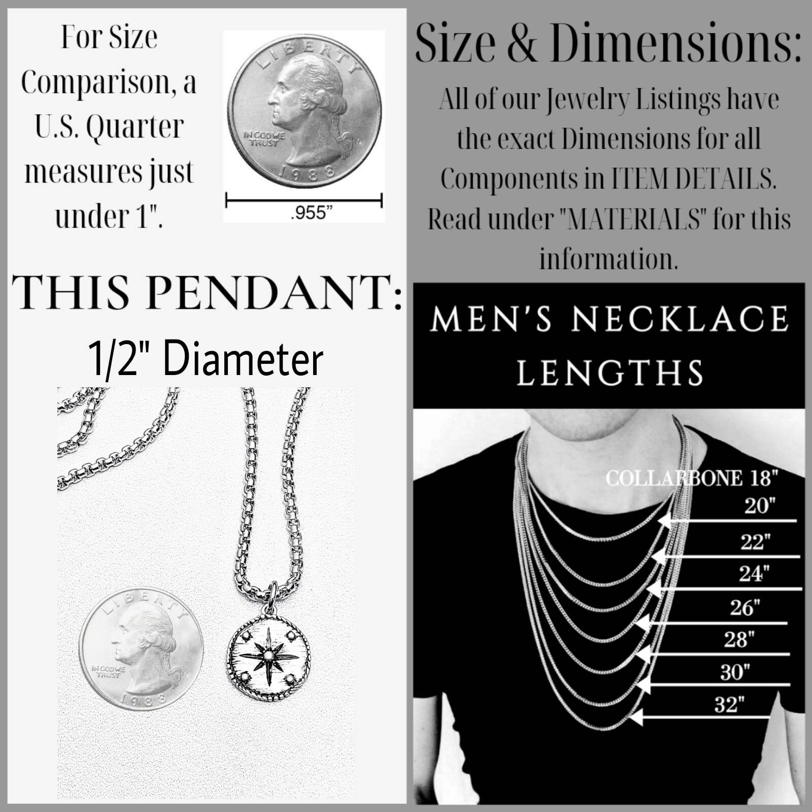 Men's NORTH STAR COIN Necklace | Men's Matte Silver Stainless Steel ...
