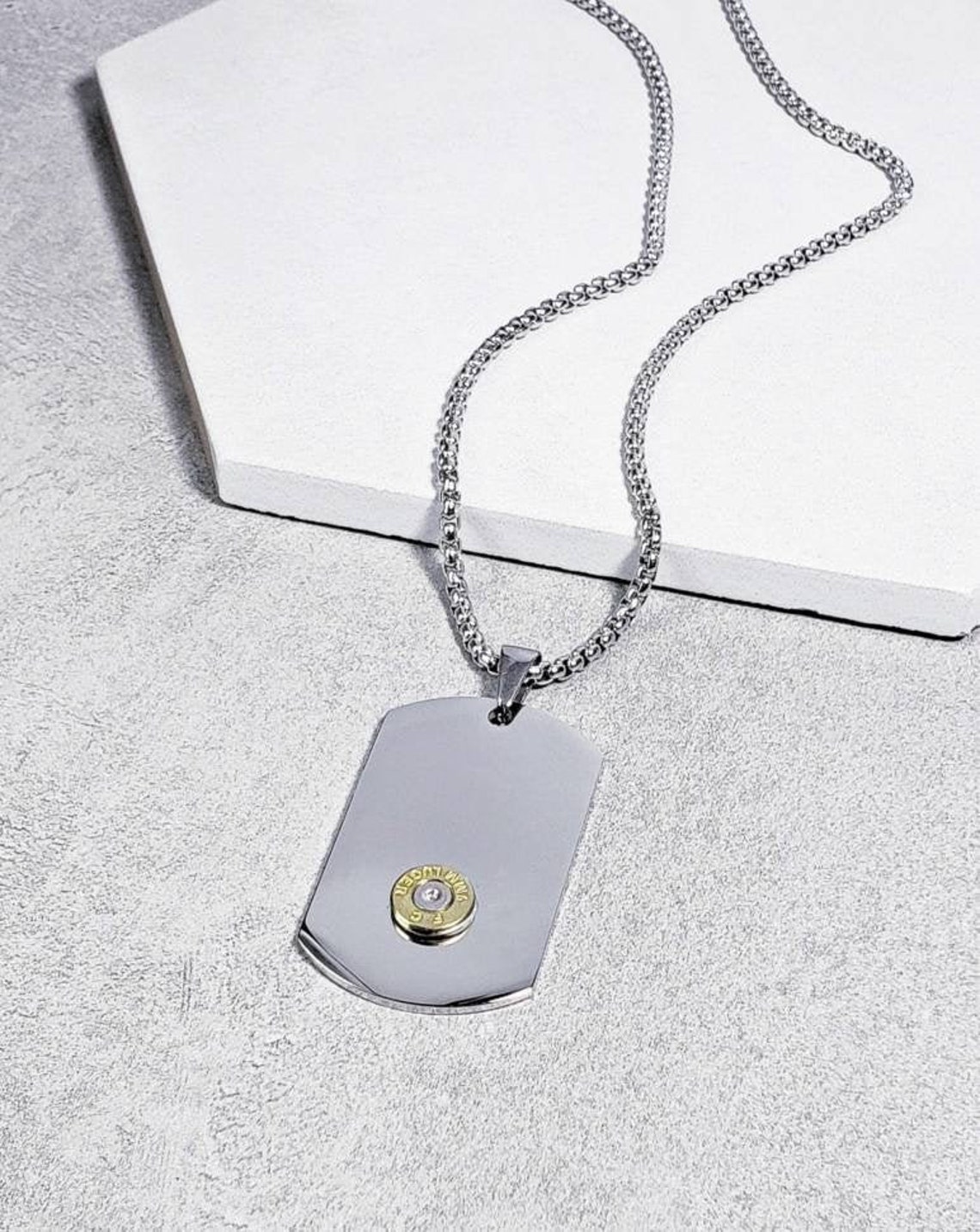 Men's BULLET DOG TAG Necklace | Men's 9mm Bullet Slice Casing Silver ...