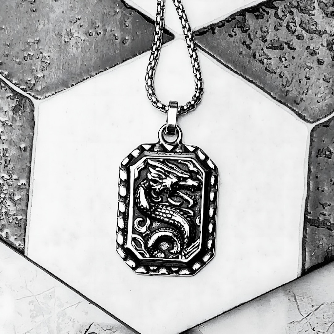 Men's RUSTIC DRAGON TAG Pendant Necklace | Men's Rustic Silver ...