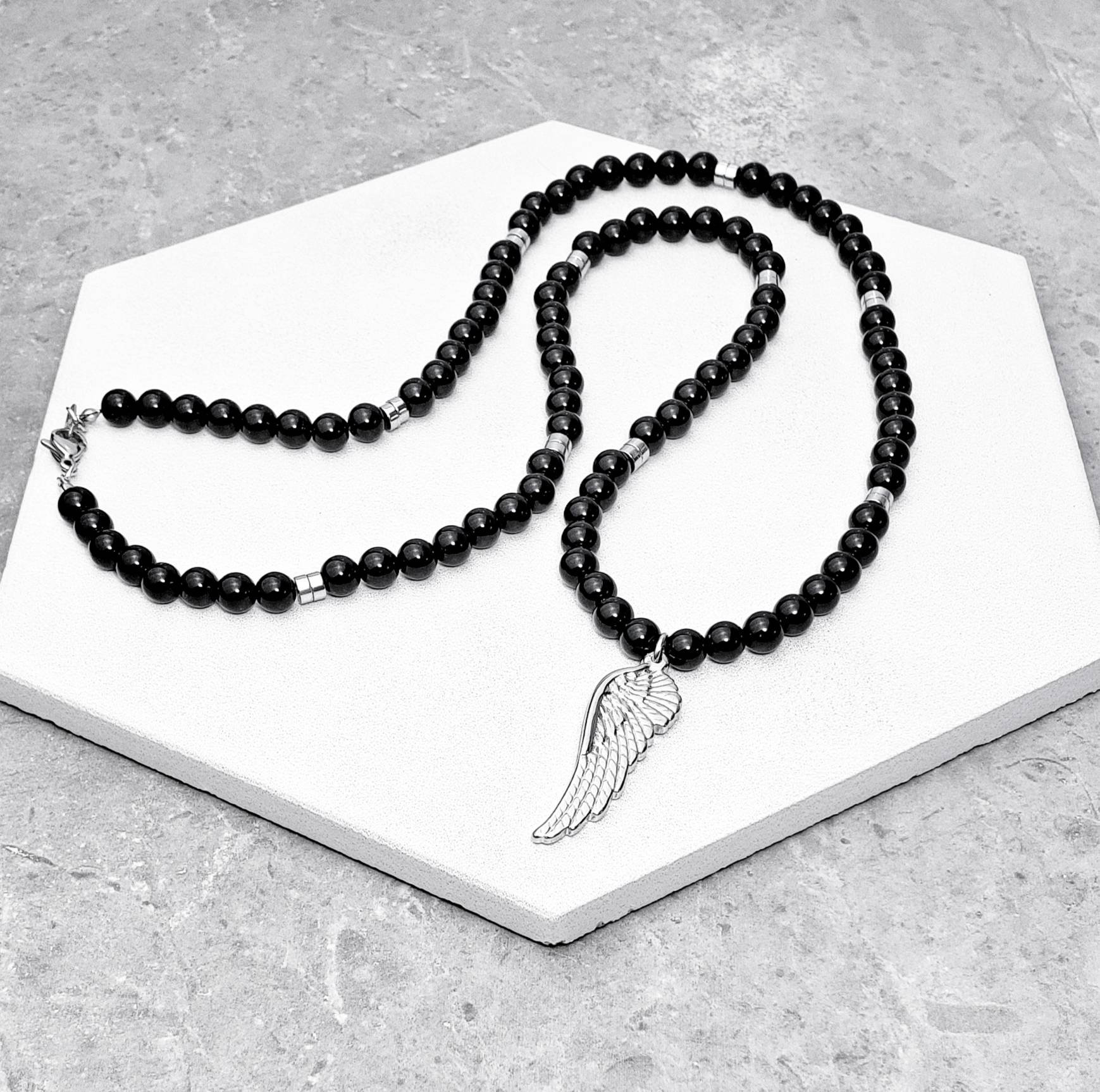 Men's ONYX ANGEL WING Necklace | Men's Silver Stainless Steel Angel ...