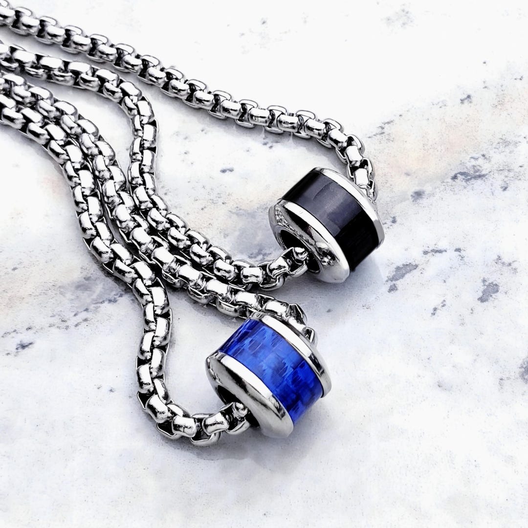 Men's BLUE CARBON FIBER Necklace | Men's Silver Stainless Steel Blue ...