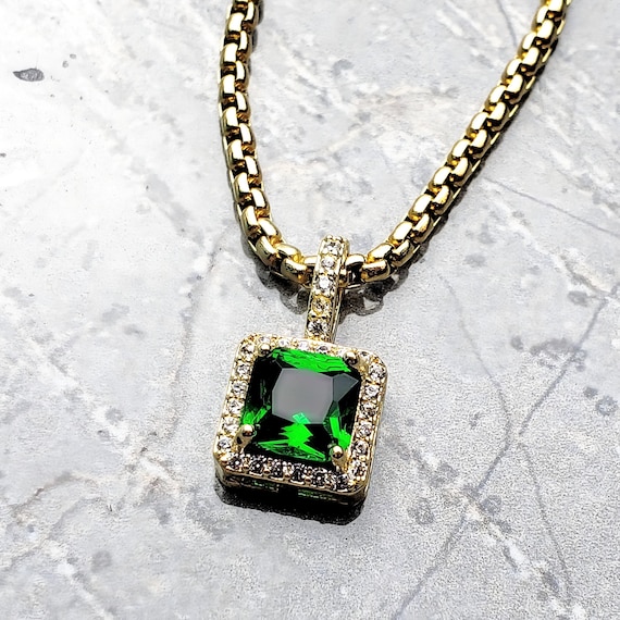 Men s gold PAVE Emerald Necklace Men s Gold Stainless Steel Pave Cubic Zirconia Mini Emerald Pendant Necklace Men s May Birthstone Etsy