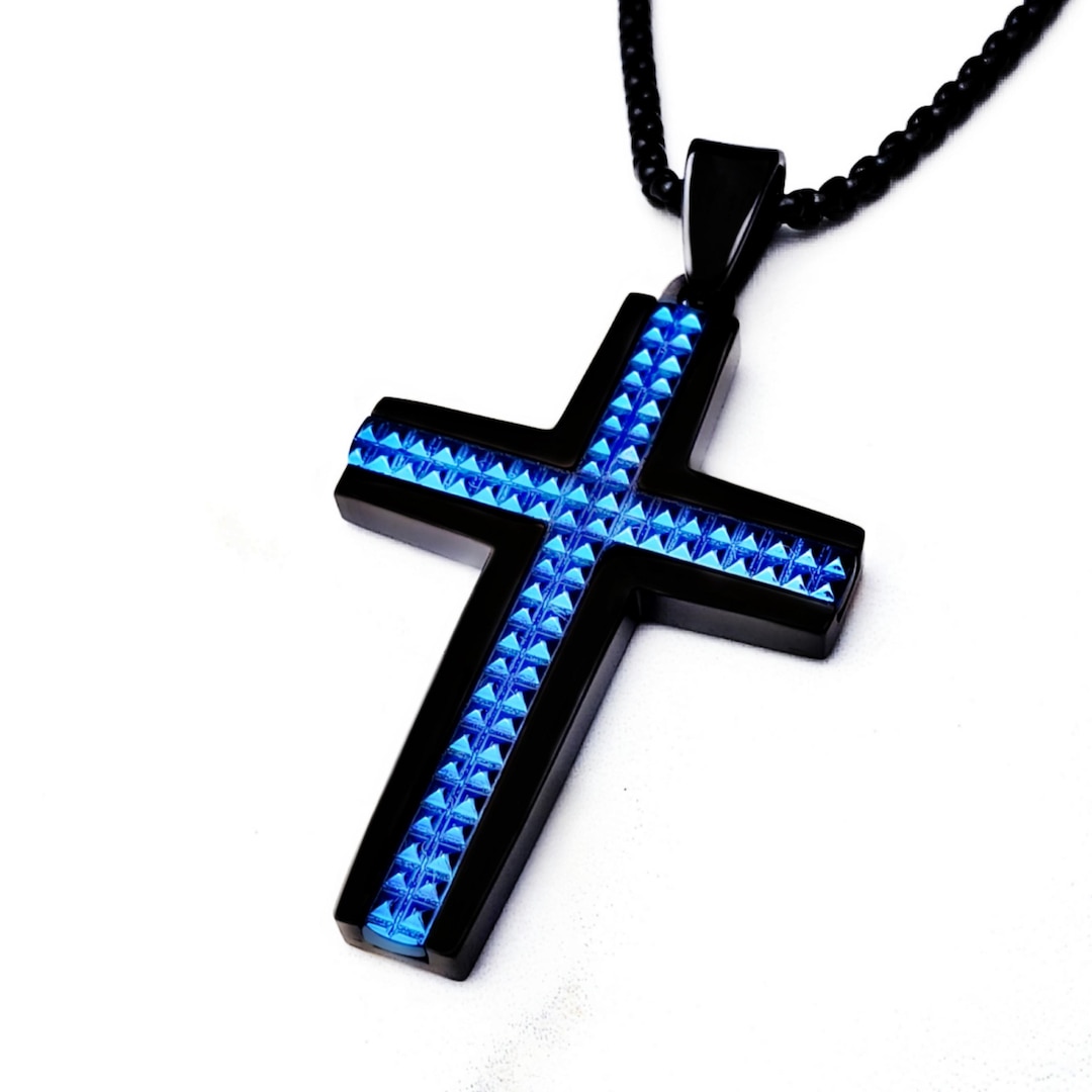 Men's BLACK & BLUE CROSS Necklace | Men's Black Blue Stainless Steel ...