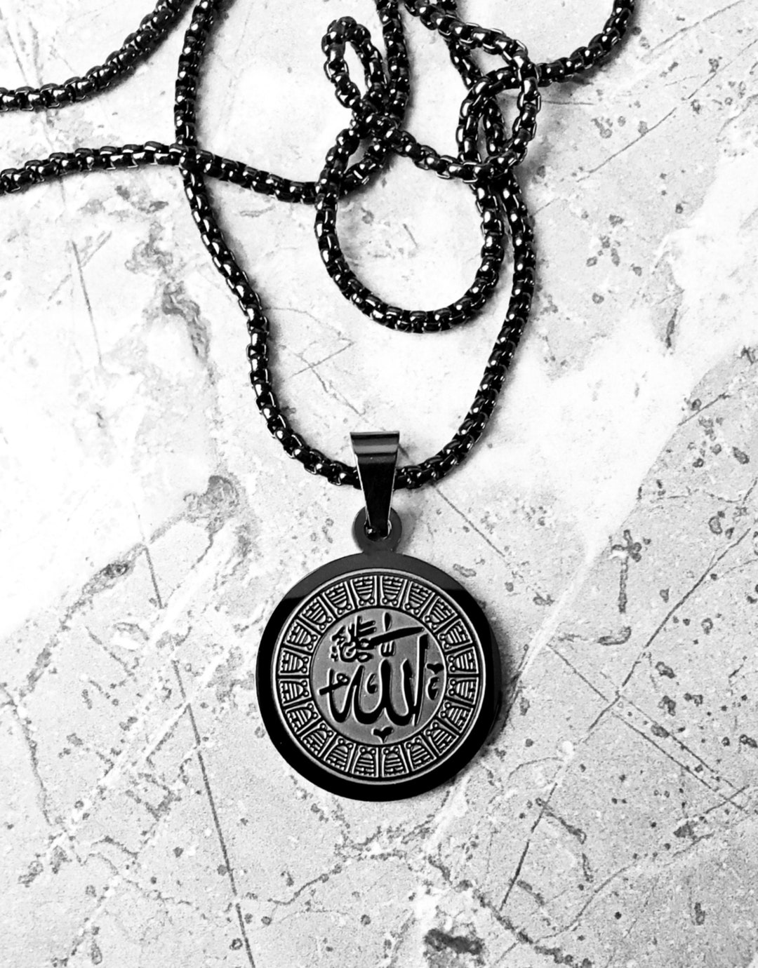 Men's black ALLAH Medallion Necklace Men's Black Stainless Steel Muslim ...