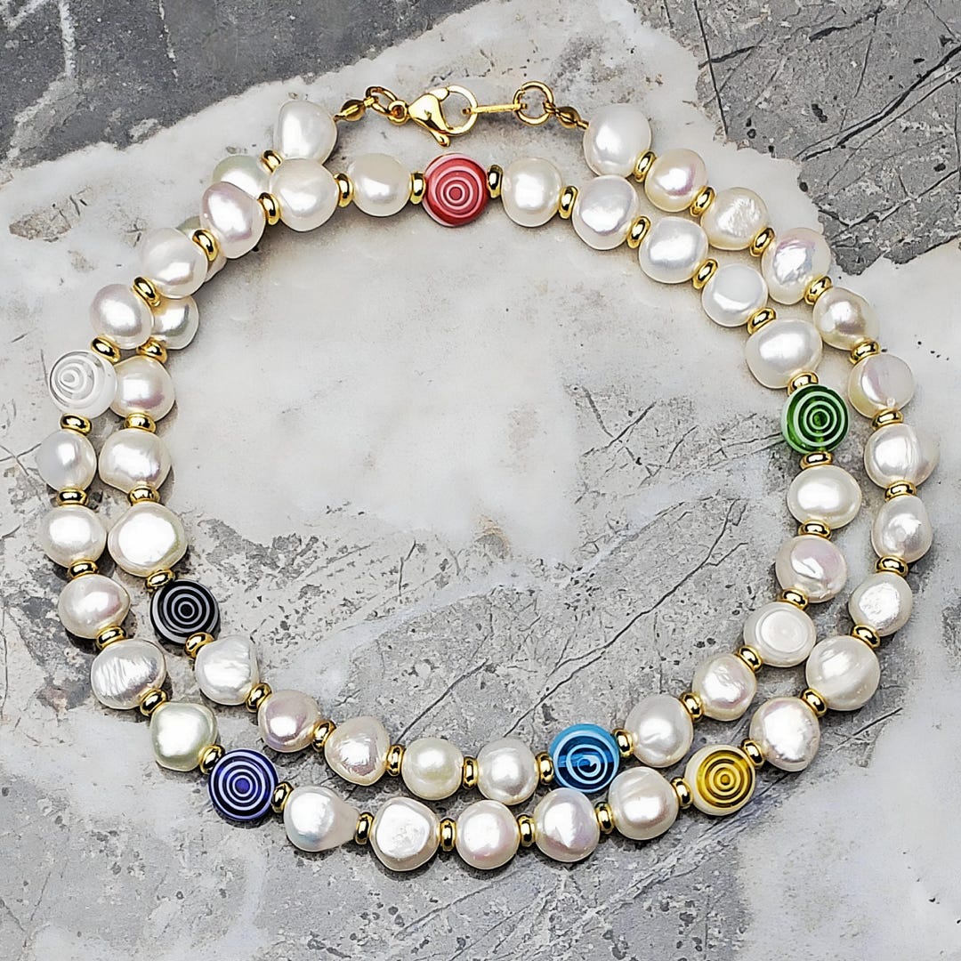 Men's PEARLS & EVIL EYE Necklace | Men's Multicolored Evil Eye Spiral ...