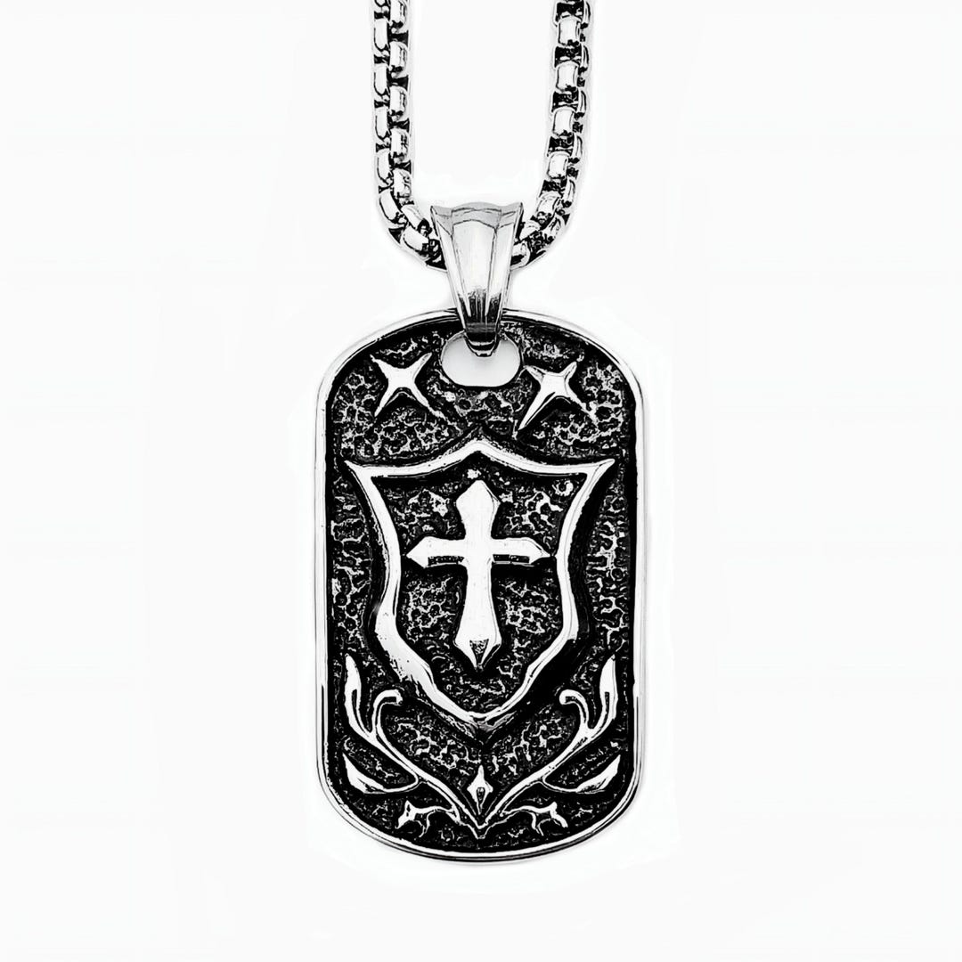Men's SHIELD OF STRENGTH Necklace | Men's Silver Black Stainless Steel ...