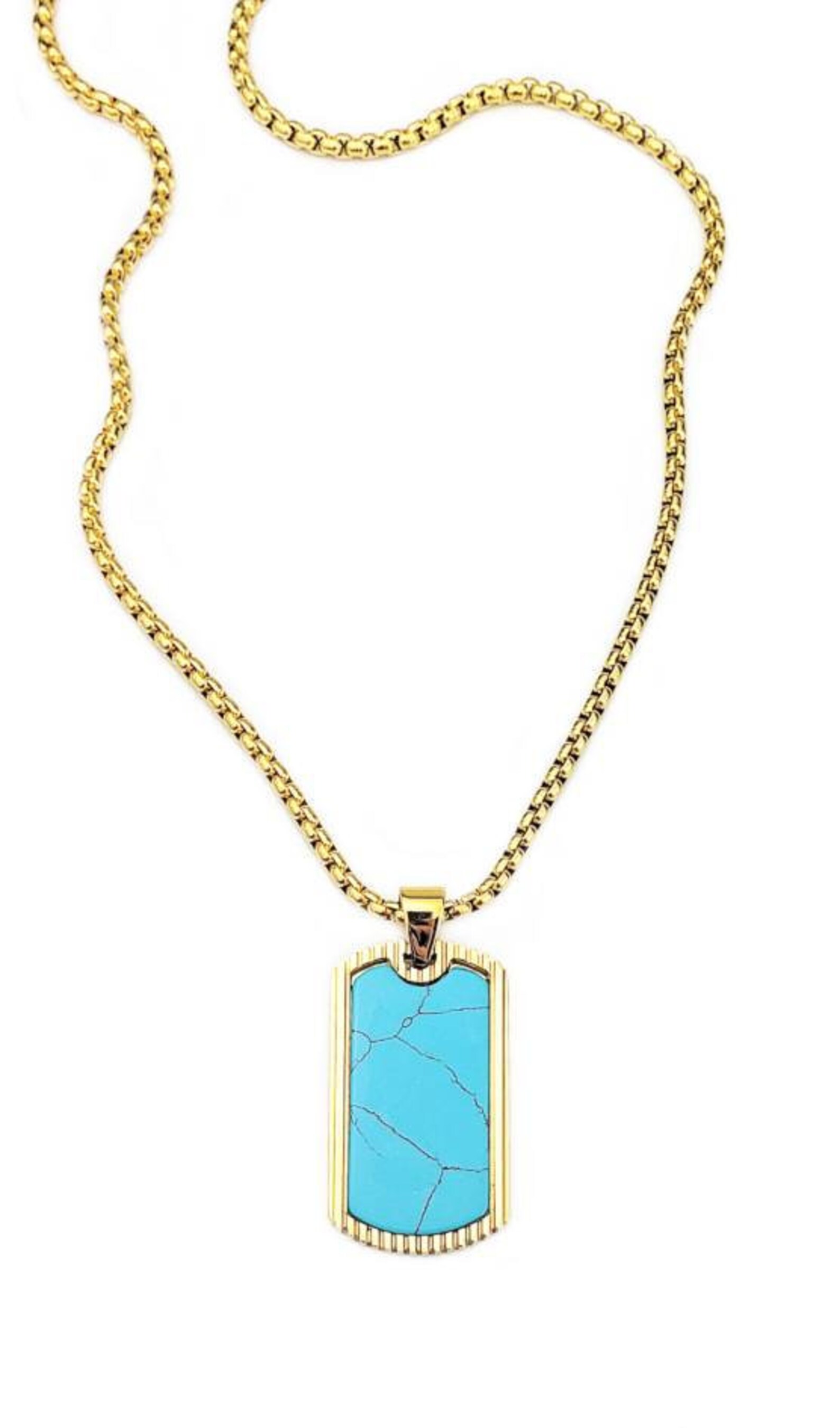 Men's TURQUOISE DOG TAG Necklace | Men's Turquoise Gemstone Inlay Gold ...