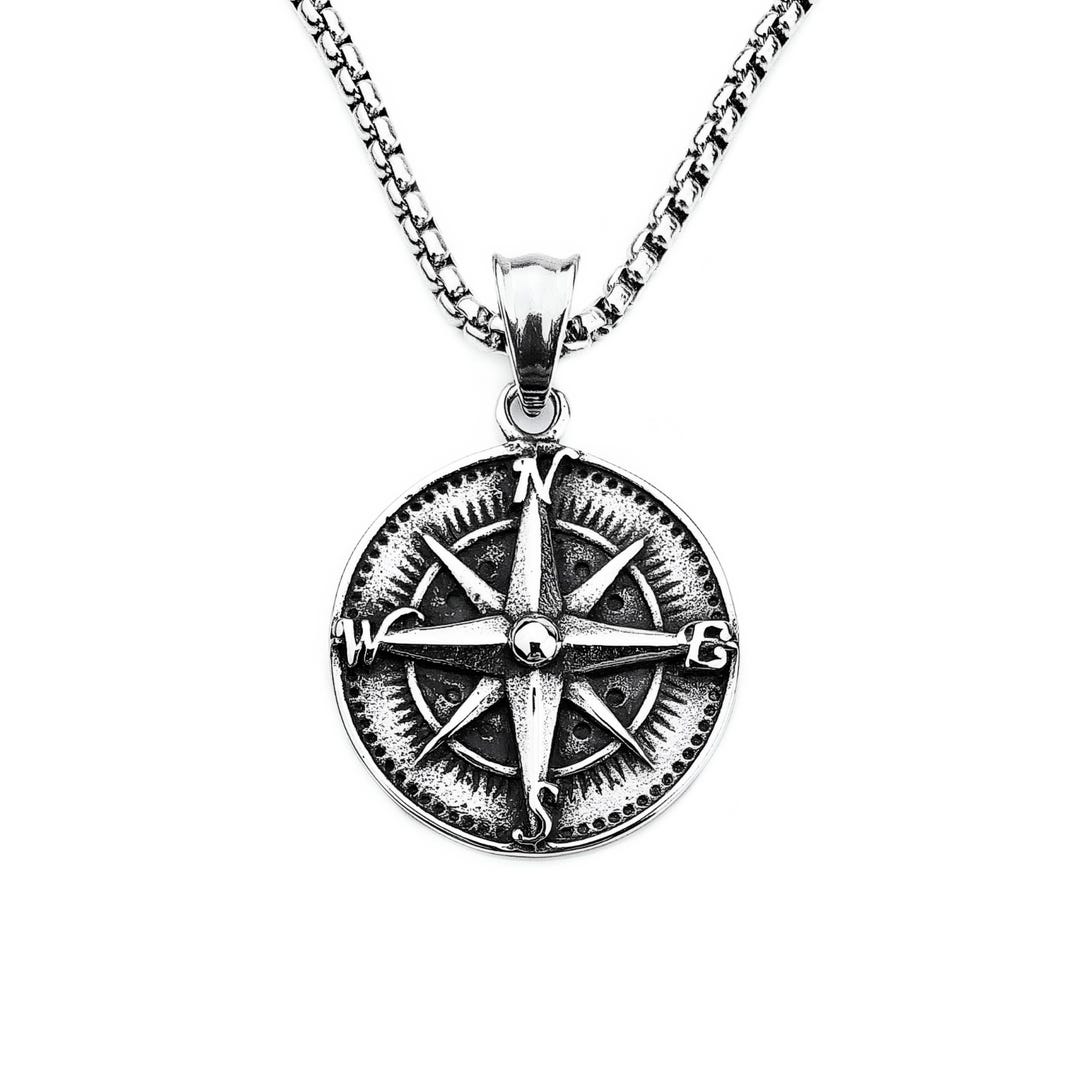 Men's SILVER COMPASS COIN Necklace | Men's Oxidized Silver Stainless ...