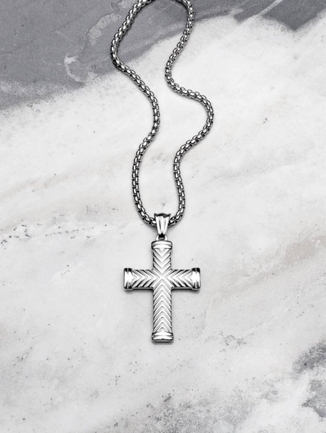 Men's chevron Cross Necklace Men's Silver Stainless Steel Chevron Cross ...