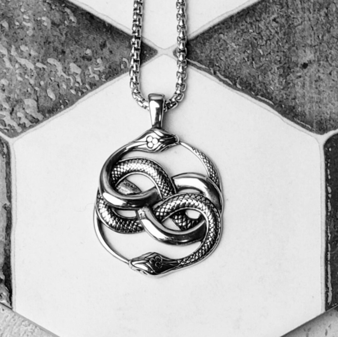 Men's silver OUROBOROS Amulet Necklace Men's Silver Stainless Steel Ouroboros Snake Pendant ...