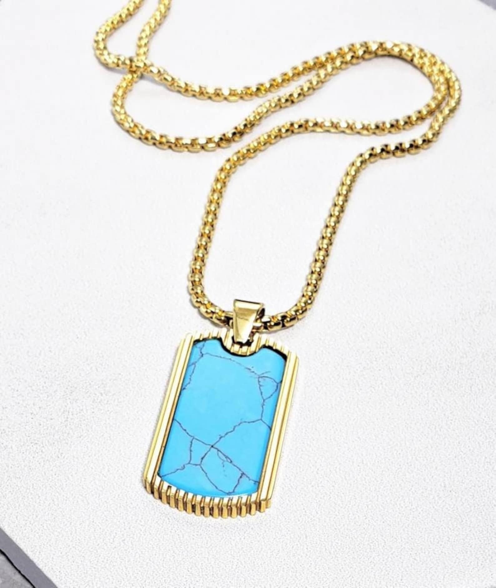 Men's TURQUOISE DOG TAG Necklace | Men's Turquoise Gemstone Inlay Gold ...