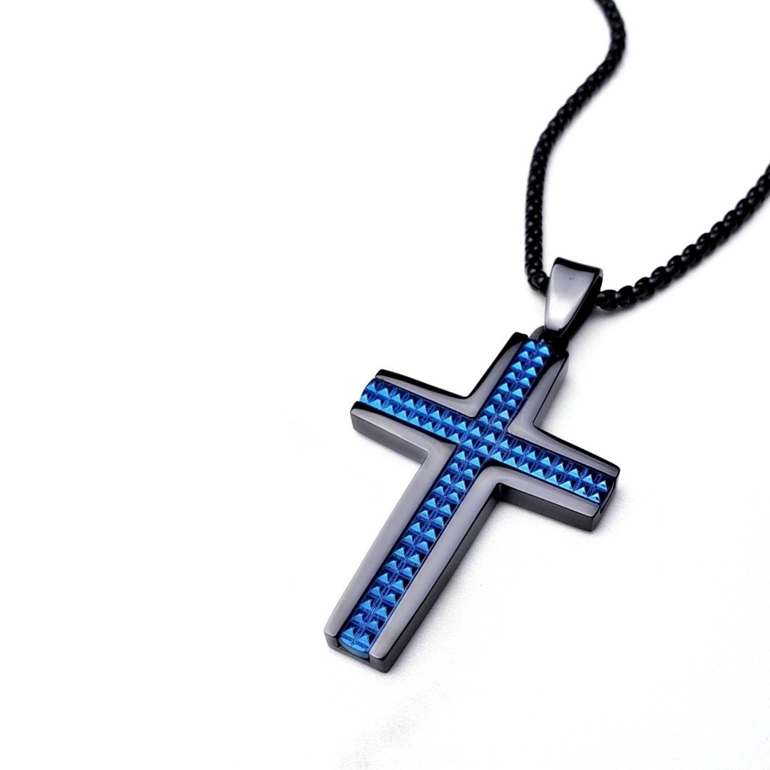 Men's black & BLUE Cross Necklace Men's Black Blue Stainless Steel ...