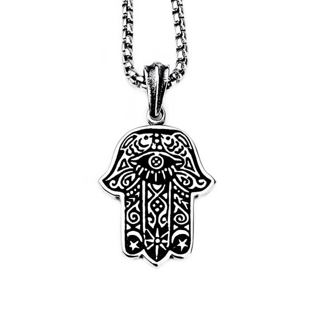 Men's HAMSA PROTECTION EYE Necklace | Men's Silver & Black Stainless ...