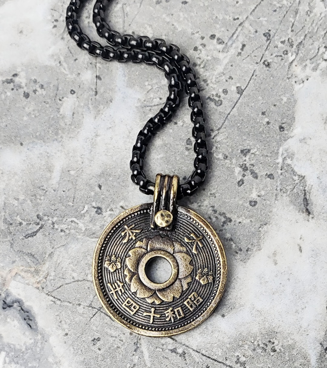 Men's JAPANESE LUCK COIN Necklace | Men's Bronze & Black Stainless ...