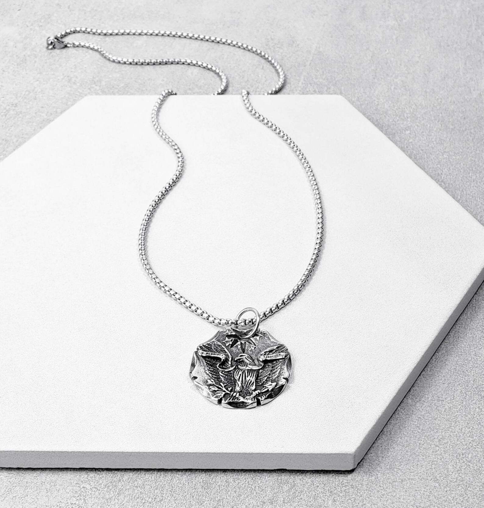 Men's RUSTIC EAGLE COIN Necklace | Mens Silver Stainless Steel Rustic ...