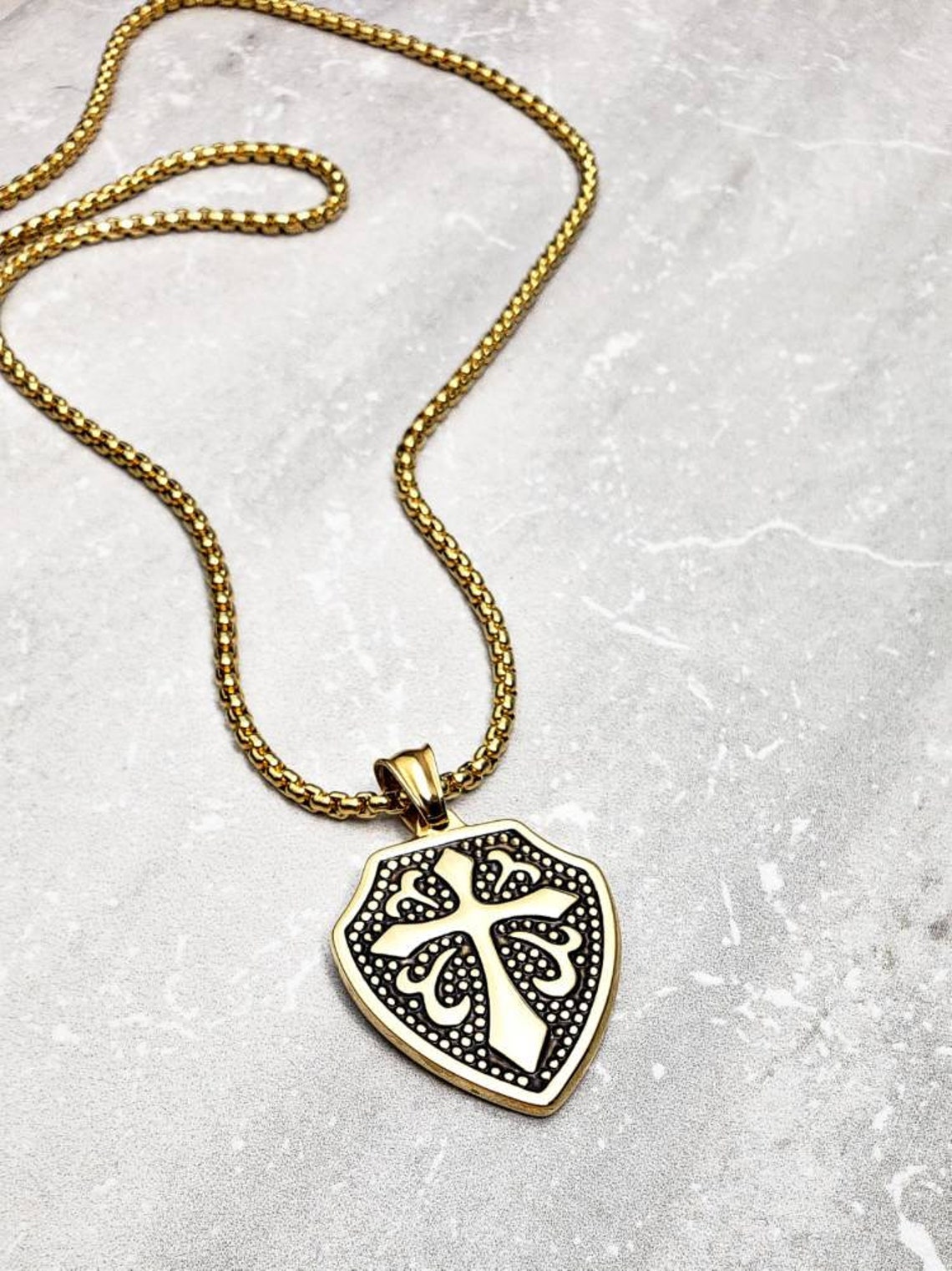 Men's SHIELD OF STRENGTH Necklace | Men's Gold Stainless Steel Cross ...