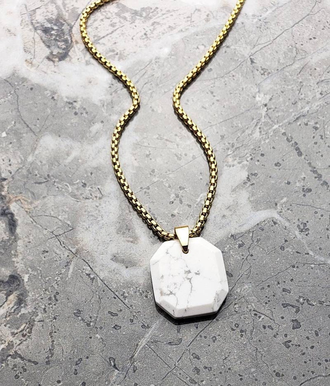 Men's white STONE Hexagon Necklace Men's Gold Stainless Steel White ...