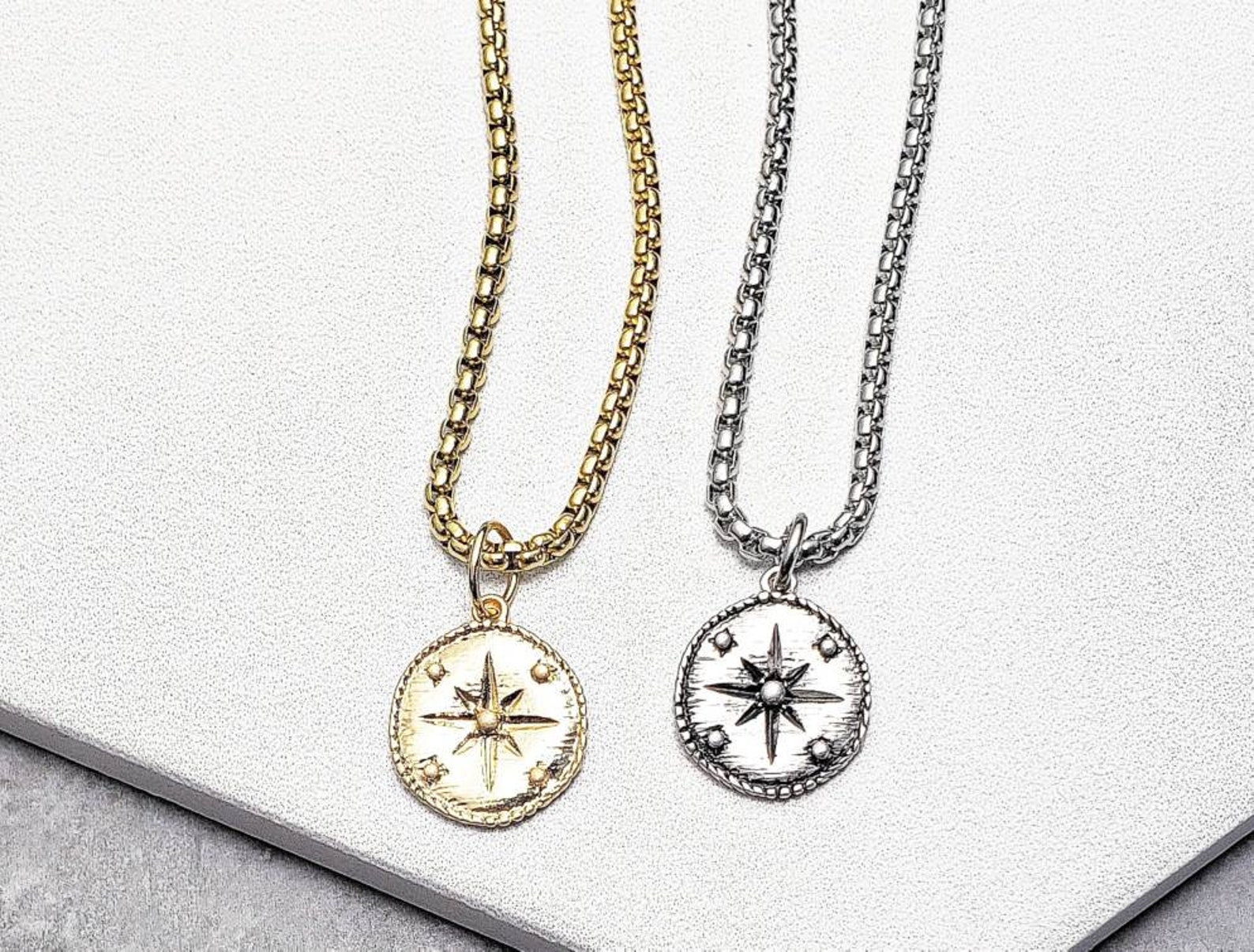 Men's NORTH STAR COIN Necklace | Men's Matte Silver Stainless Steel ...