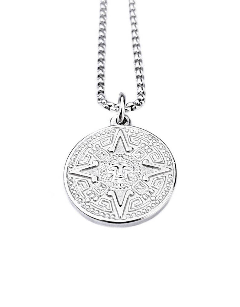 Men's AZTEC CALENDAR MEDALLION Necklace | Men's Silver Stainless Steel ...