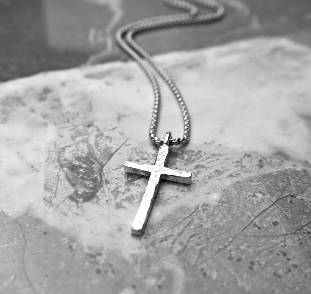Men's rustic SILVER Cross Necklace Men's Silver Stainless Steel Rustic ...