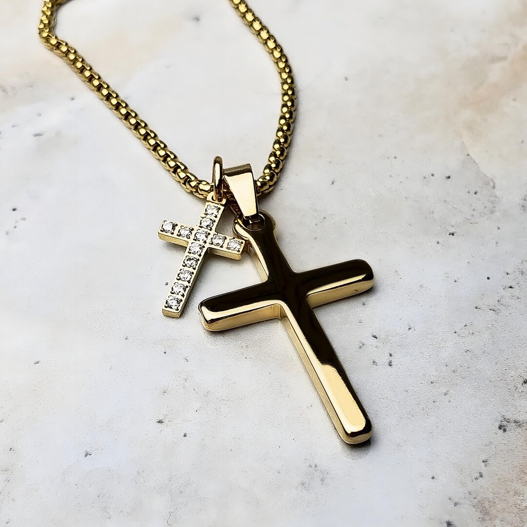 Men's GOLD DOUBLE CROSS Necklace | Men's Pavé Cubic Zirconia Gold ...