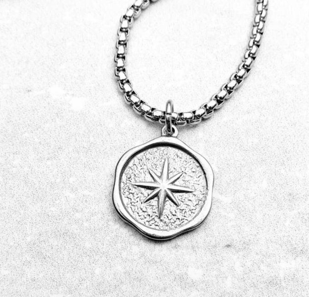 Men's NORTH STAR COIN Necklace | Men's Hammered Silver Stainless Steel ...