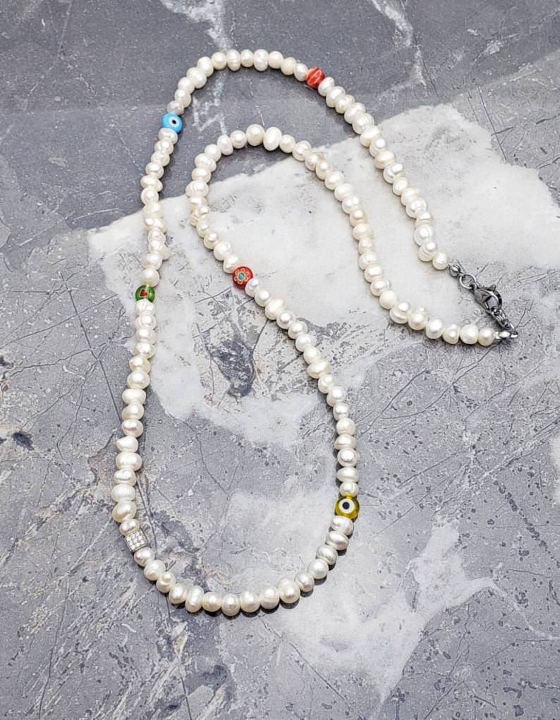 Men's EVIL EYE PEARLS Necklace | Men's Multicolored Evil Eye Millefiori ...