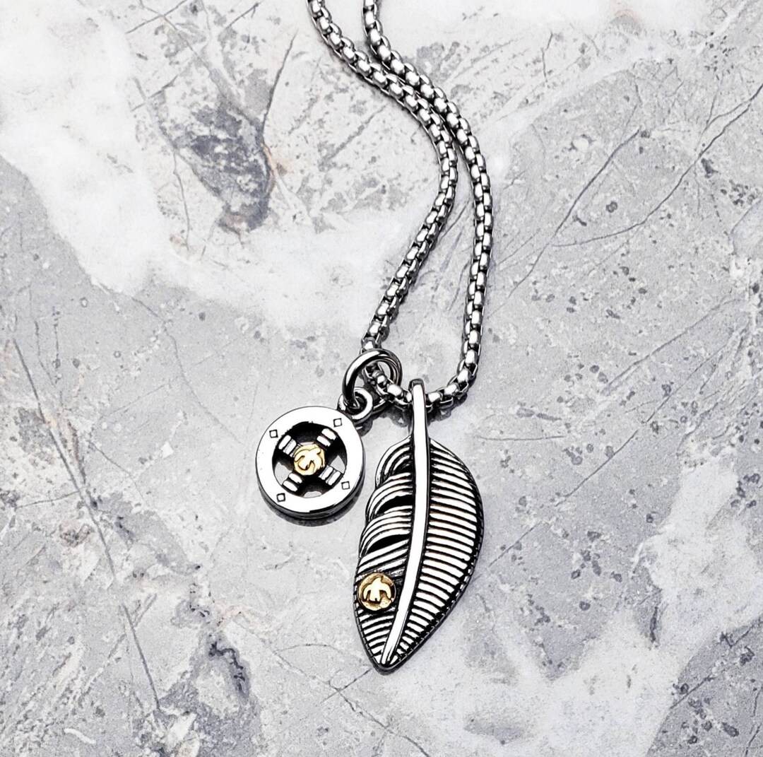 Men's eagle FEATHER & Coin Necklace Men's Silver Gold Stainless Steel ...