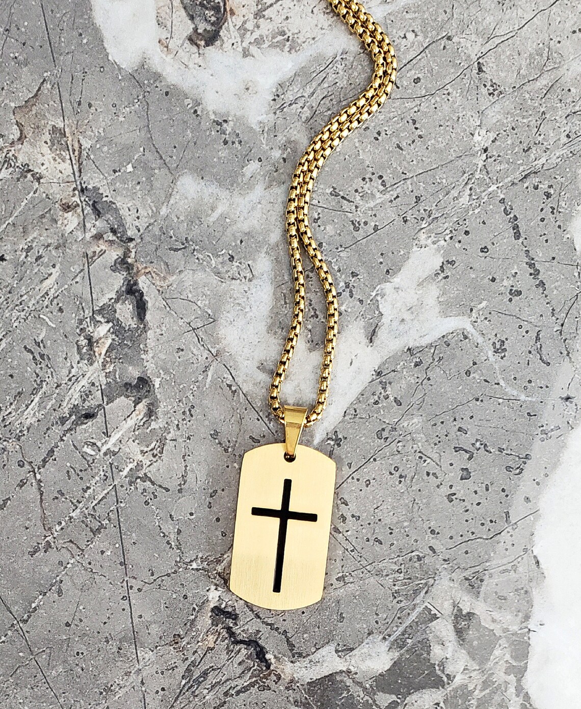 Men's CROSS DOG TAG Necklace | Men's Matte Gold & Black Stainless Steel ...