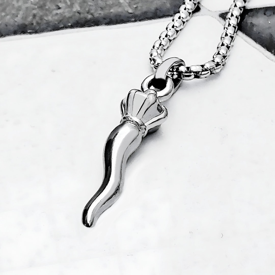 Men's SILVER CROWNED CORNICELLO Necklace | Men's Silver Stainless Steel ...