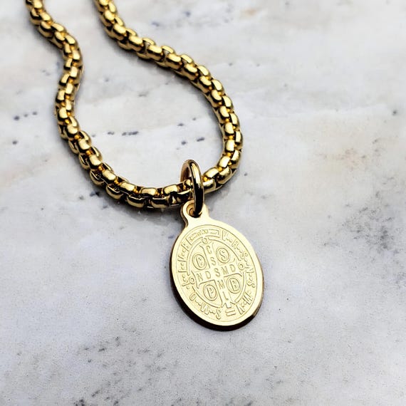 Men s saint BENEDICT Amulet Necklace Mens Gold Stainless Steel Saint Benedict Oval Amulet Pendant Necklacemens Gold Chain Necklace Etsy