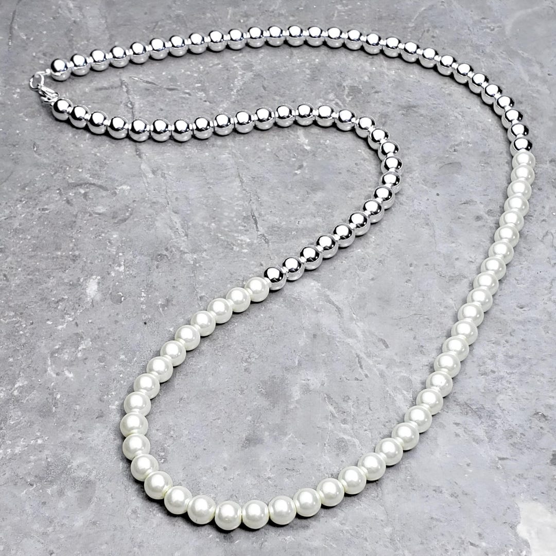 Men's PLATINUM & PEARLS Necklace | Men's Platinum Silver Hematite ...