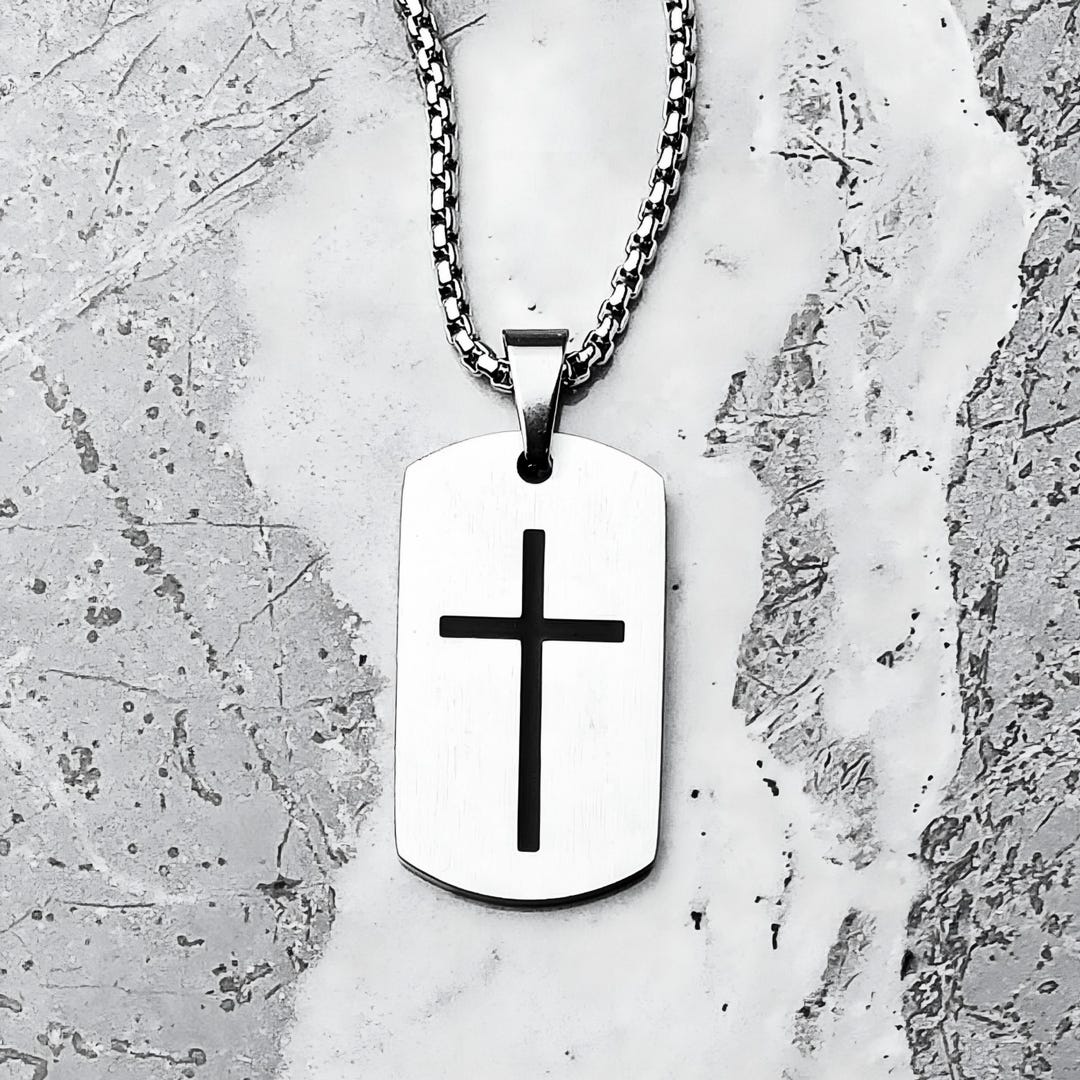Men's "cross DOG Tag" Necklace| Men's Matte Silver Stainless Steel ...
