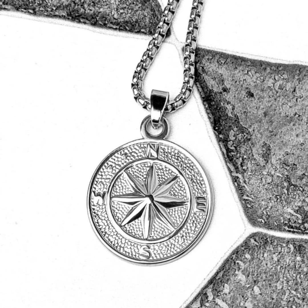 Men's SILVER COMPASS MEDALLION Necklace | Men's Silver Stainless Steel ...
