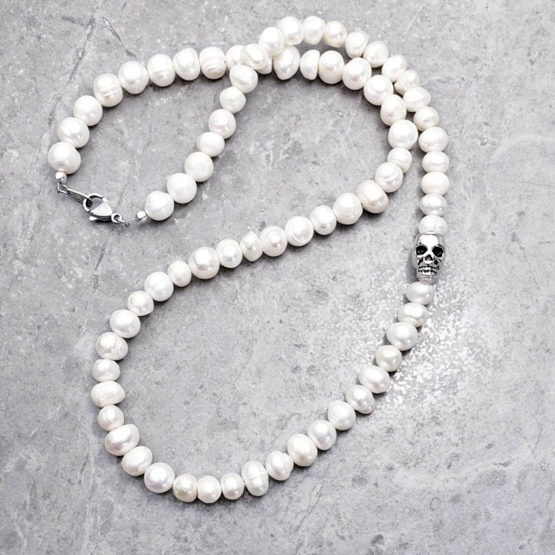 Men's "skull & Pearl" Necklace| Men's Silver Skull Freshwater Baroque ...