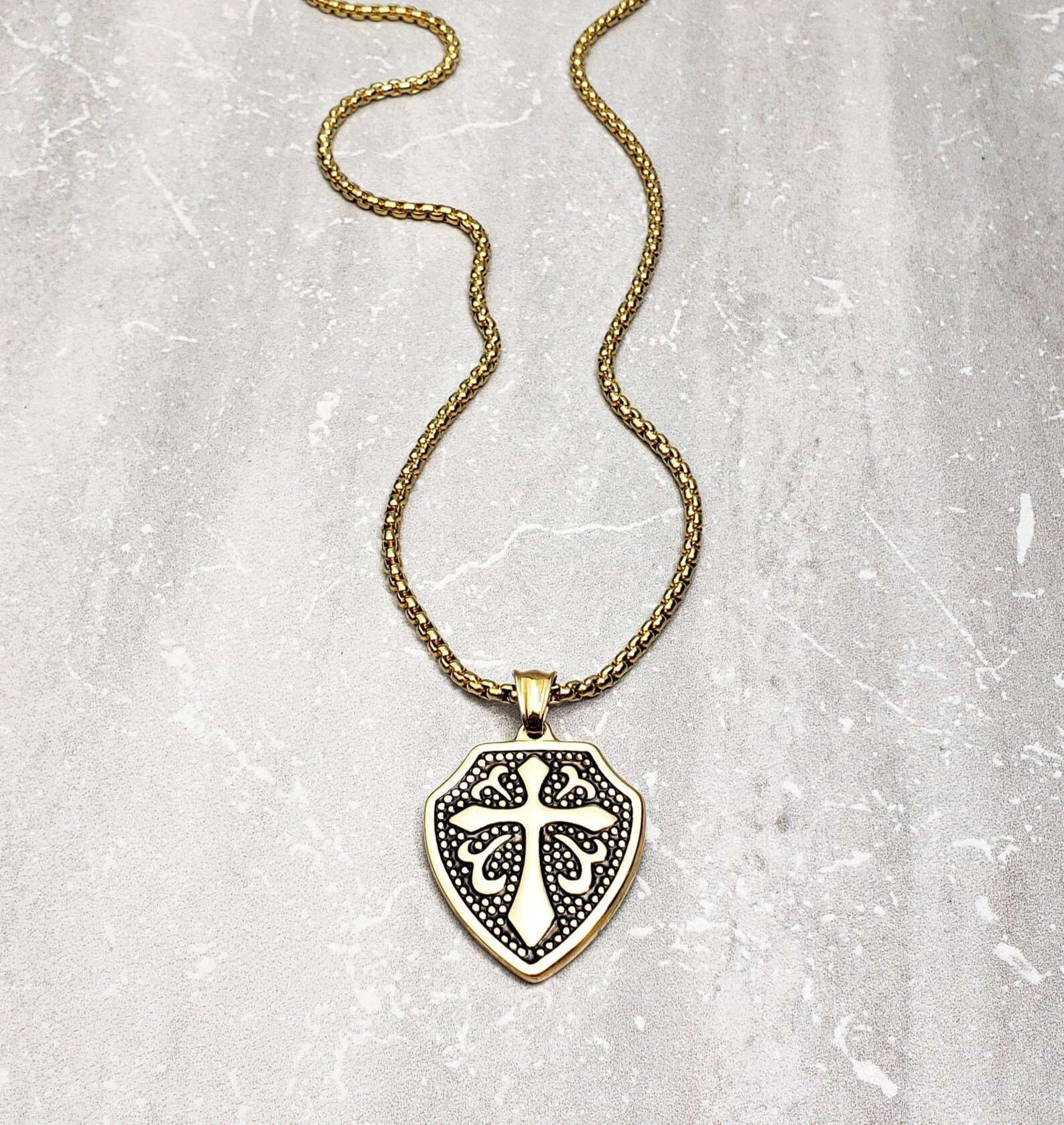 Men's SHIELD OF STRENGTH Necklace | Men's Gold Stainless Steel Cross ...