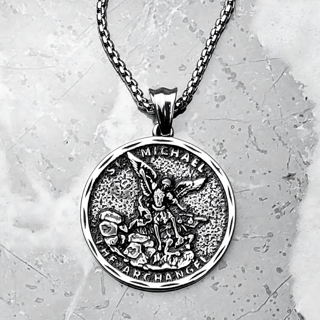 Men's RUSTIC ARCHANGEL MEDALLION Necklace | Men's Silver Stainless ...