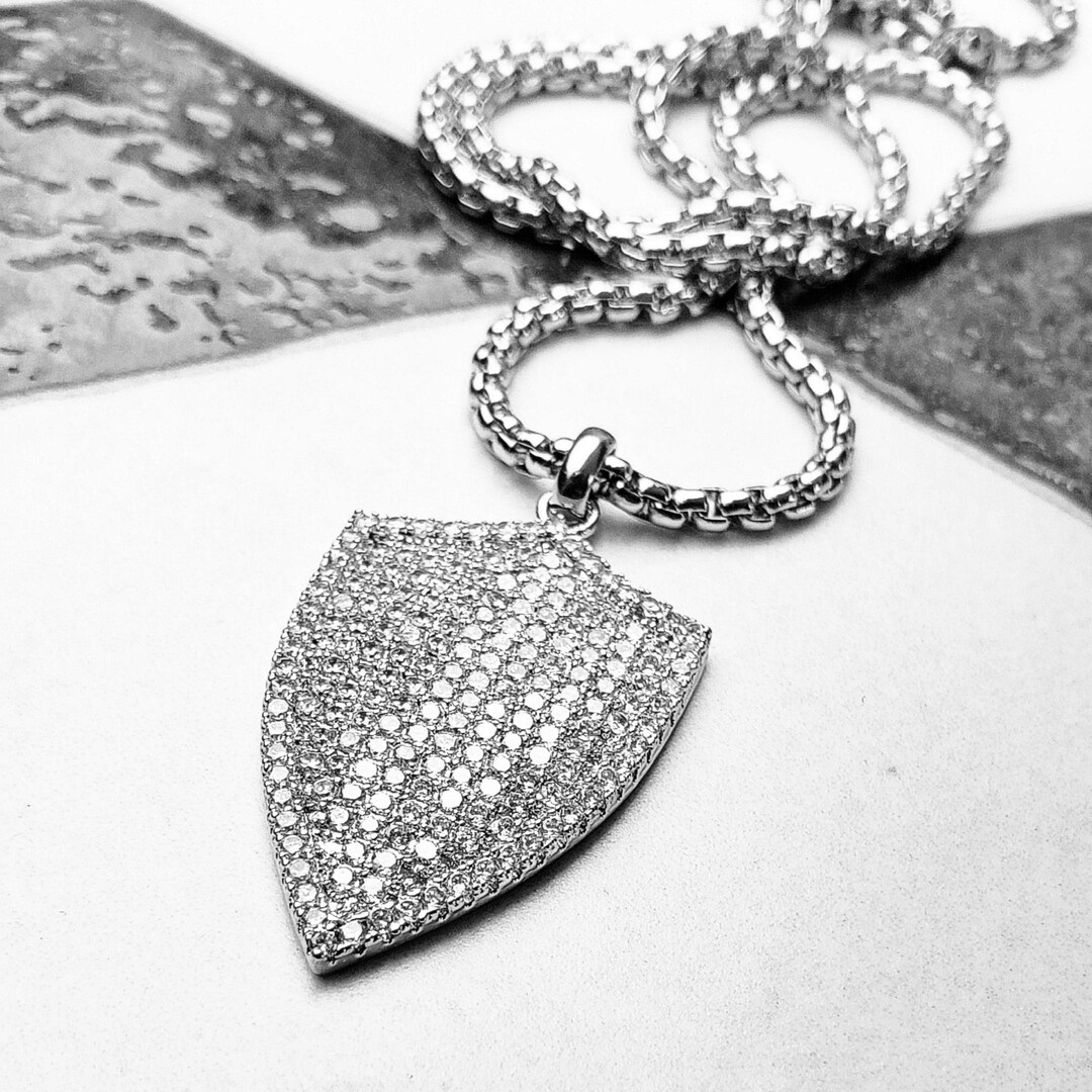 Men's SILVER PAVÉ SHIELD Necklace | Men's Pavé Cubic Zirconia Silver ...