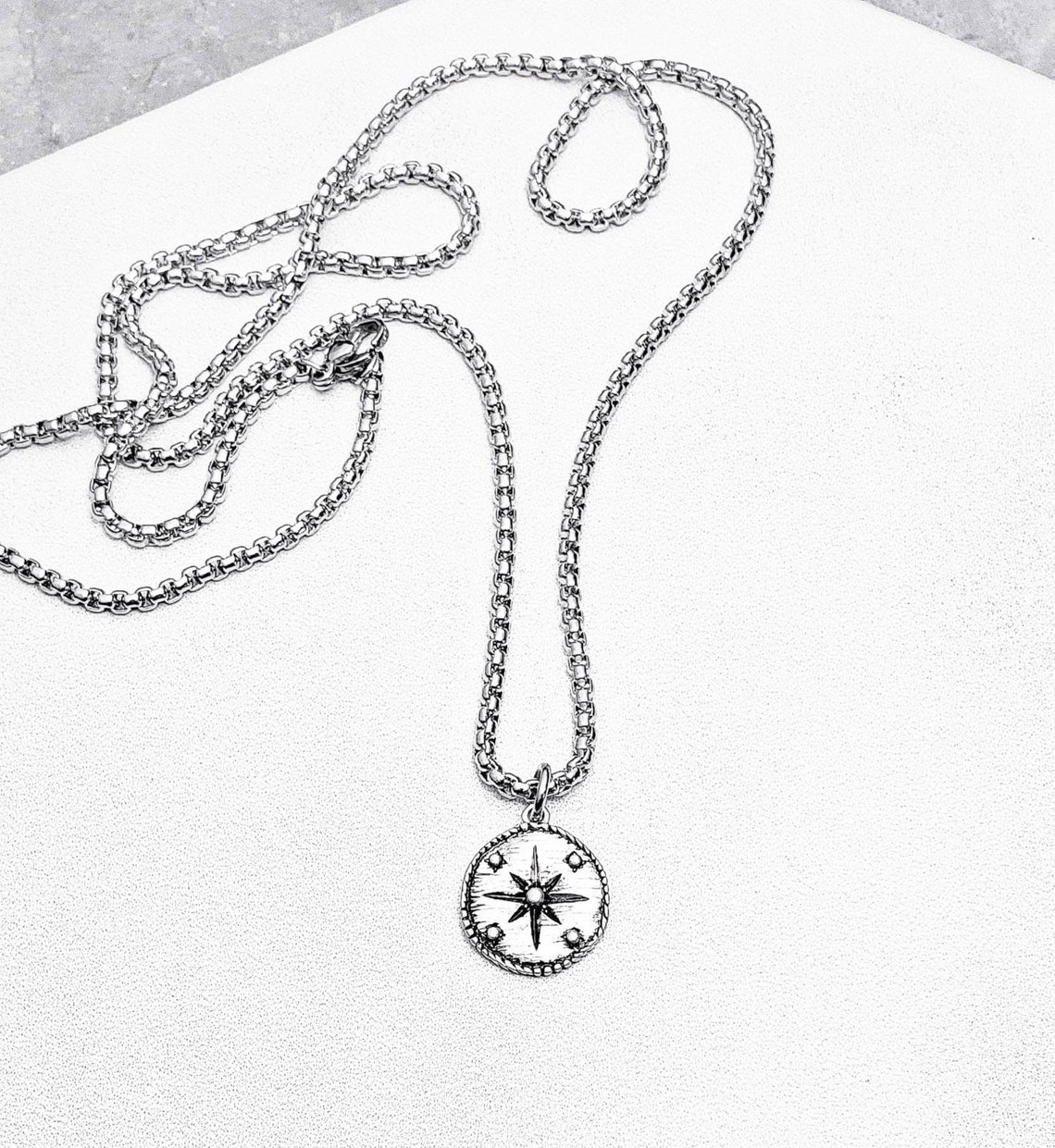 Men's NORTH STAR COIN Necklace | Men's Matte Silver Stainless Steel ...