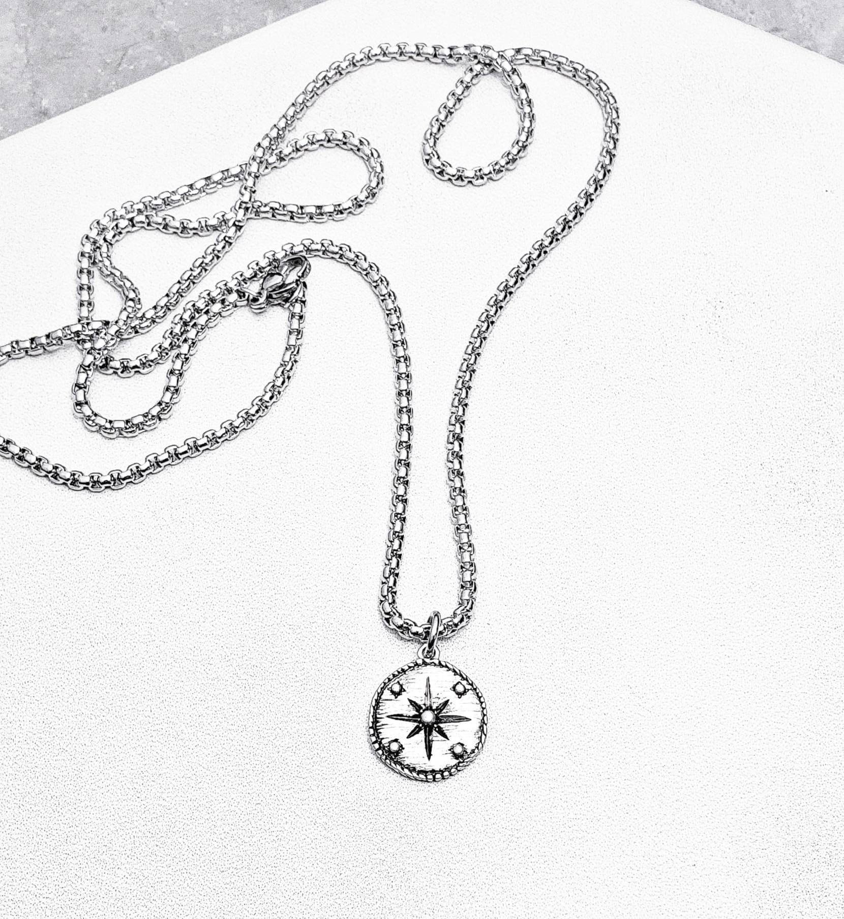 Men's NORTH STAR COIN Necklace | Men's Matte Silver Stainless Steel ...